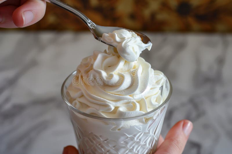 Hand with Spoon Taking a Dollop of Whipped Cream Stock Photo - Image of ...