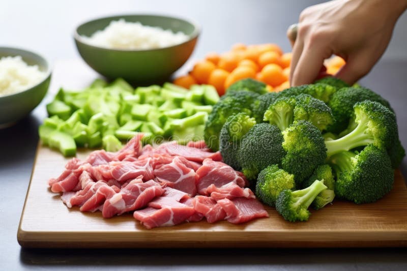 Hand Spooning Beef and Broccoli Onto a Bed of Steamed Rice Stock Photo ...