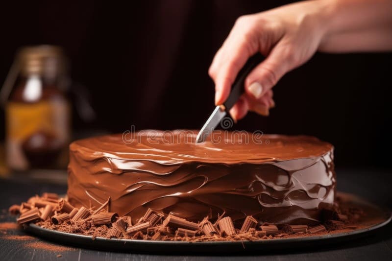 Hand Spreading Chocolate Frosting on the Cake with a Spatula Stock ...