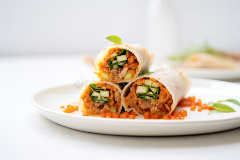 Hand Spring Roll in Half on a White Table Stock Image - Image of hand ...