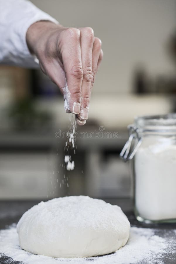 Hand Sprinkle Flour Dough in Kitchen Stock Image - Image of dough ...