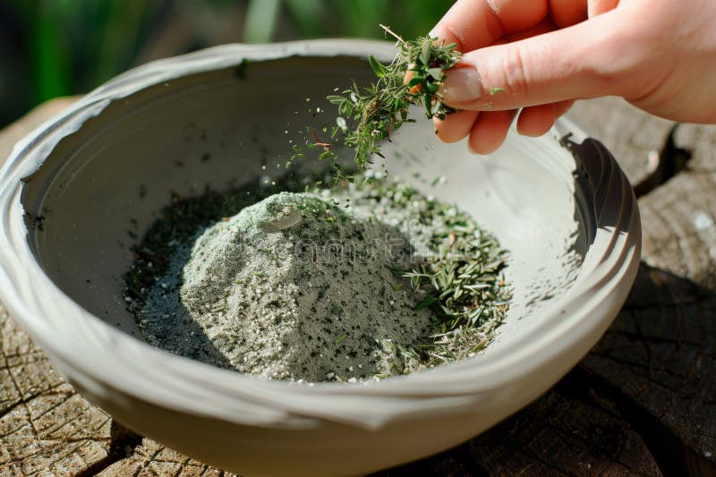 Hand Sprinkling Herbs into a Bowl of Grey Clay Mix Stock Photo - Image ...
