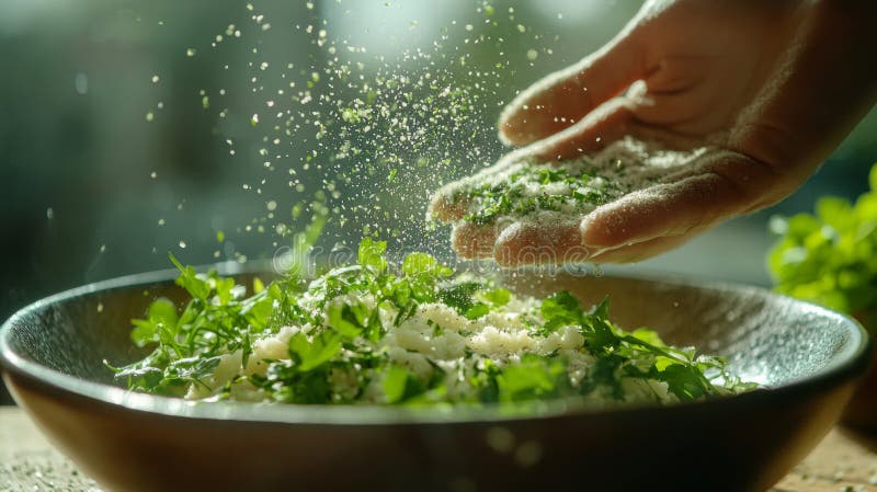 Hand Sprinkling Herbs and Cheese on a Dish Stock Illustration ...