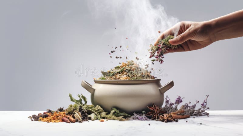 A Hand Sprinkling Herbs and Spices into a Pot of Soup Stock ...