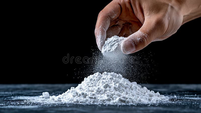 A Hand Sprinkling a Pile of White Powder on a Table Stock Photo - Image ...