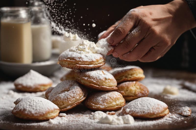 A Hand Sprinkling Powdered Sugar Over a Warm Batch of Beignets Stock ...