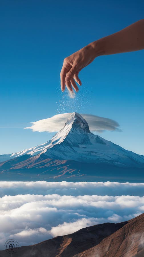 Hand Sprinkling Salt on Mount Everest in Artistic Surreal Scene Stock ...