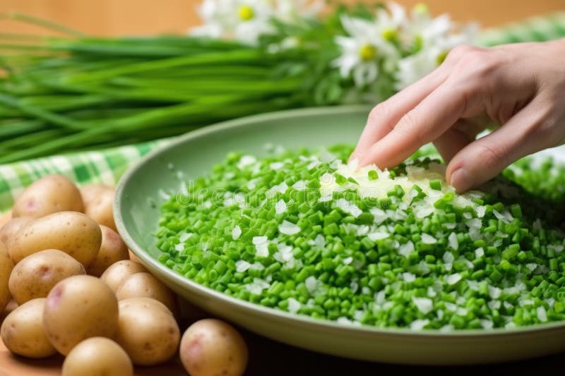 Hand Sprouting Chives Over a Serving Platter of Potato Salad Stock ...