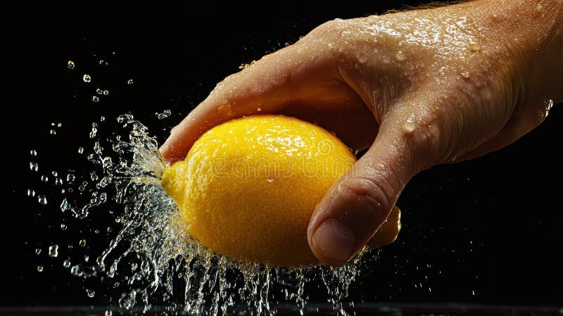 Hand Squeezing a Fresh Lemon with Water Splashing Vividly Stock ...