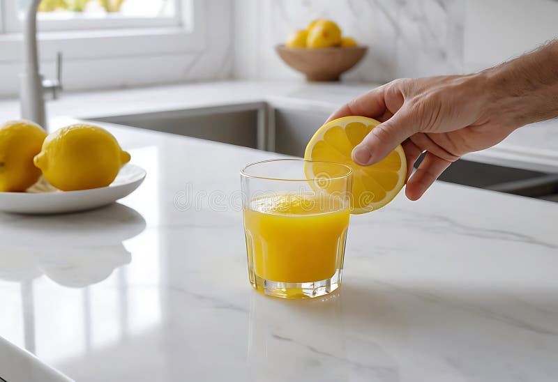 Hand Squeezing Lemon into a Glass of Juice in a Bright Kitchen ...