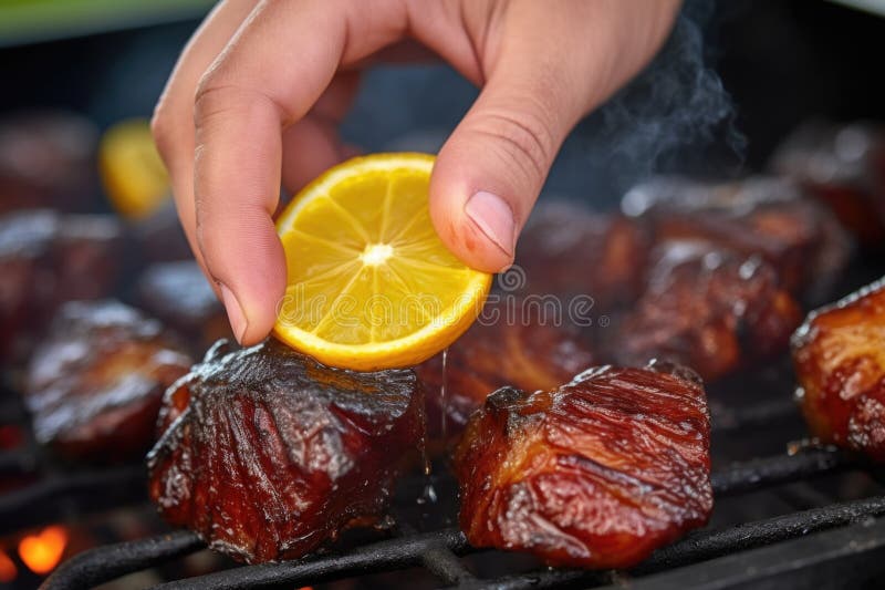 Hand Squeezing Lemon Onto Burnt Ends on the Bbq Stock Illustration ...