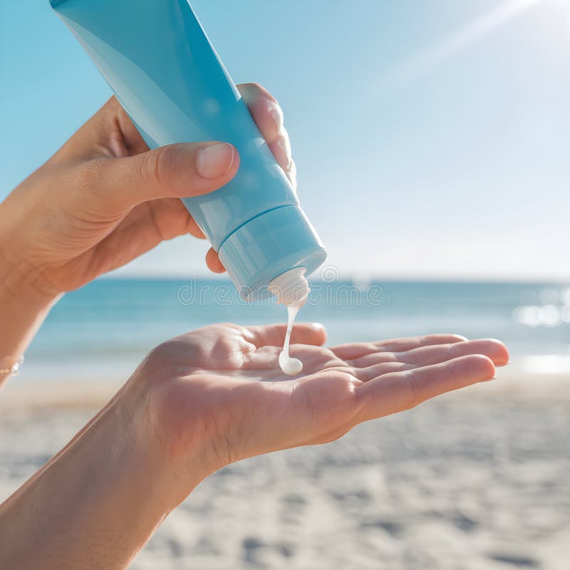 Hand Squeezing Sunscreen with Beach Backdrop Promoting Sun Safety ...