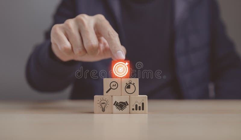 Hand Stack Woods Block Step on a Table with Icon Business Strategy and ...