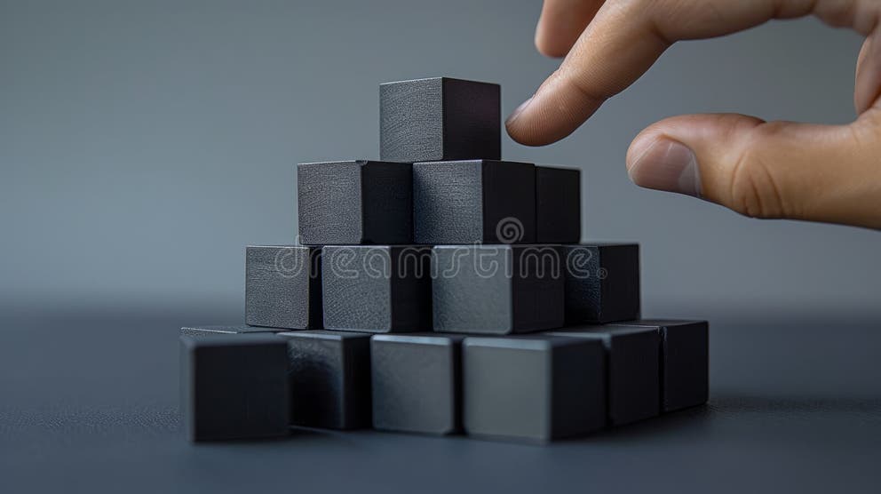A Hand Stacking Black Blocks into a Pyramid Structure. Stock Photo ...