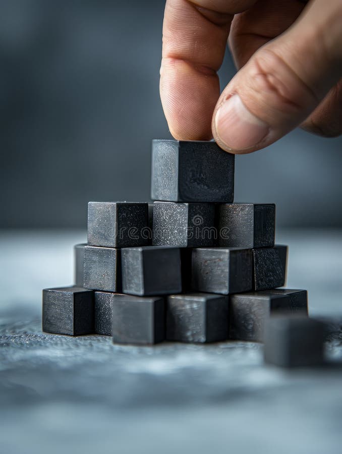 Hand Stacking Black Cubes into a Pyramid Structure. Stock Photo - Image ...