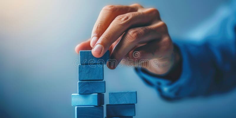 Hand Stacking Blue Blocks in Strategic Build. Generative Ai Stock ...