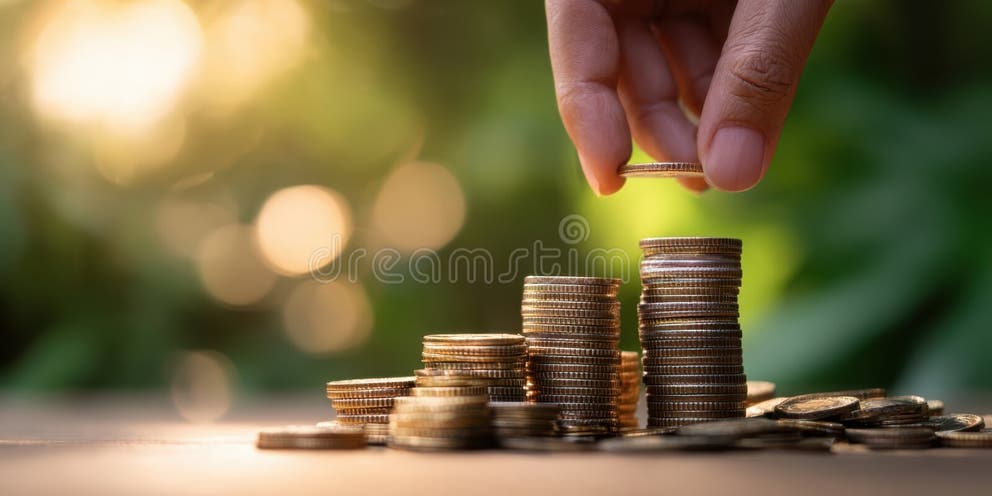The Hand Stacking Coins in a Beautiful Green Outdoor Setting. AI ...