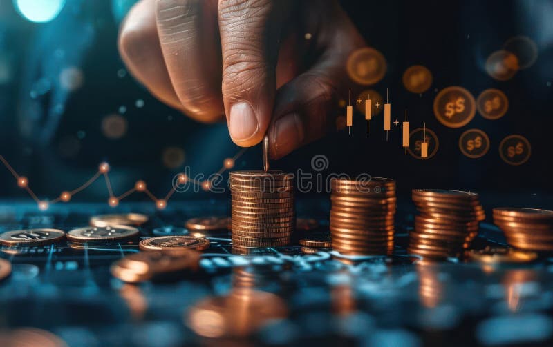 Hand Stacking Coins with Digital Stock Graphs in Backdrop. Night ...