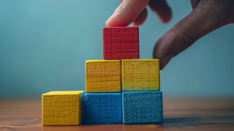 Hand Stacking Colorful Blocks in a Pyramid Formation. Stock Photo ...