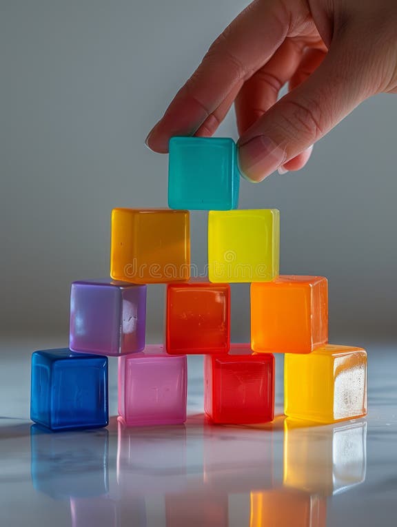 Hand Stacking Colorful Blocks in a Pyramid on a Marble Surface. Stock ...