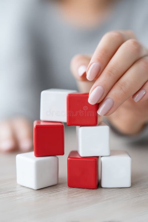 Hand Stacking Colorful Building Blocks Thoughtfully Stock Illustration ...