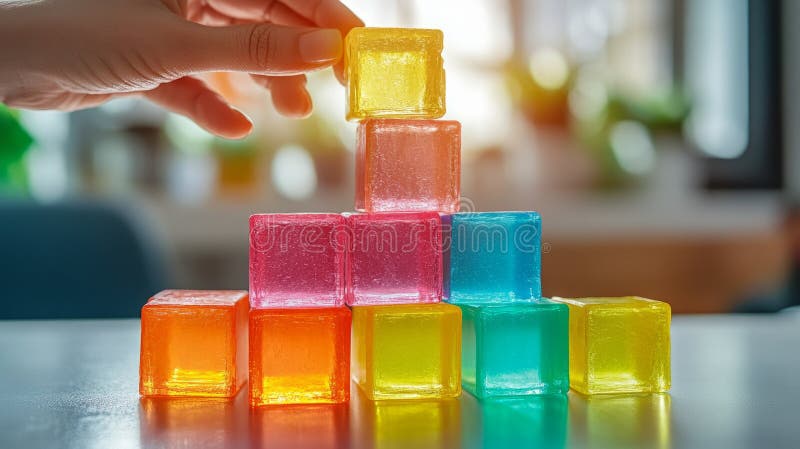 Hand Stacking Colorful Translucent Blocks into a Pyramid. Stock Image ...