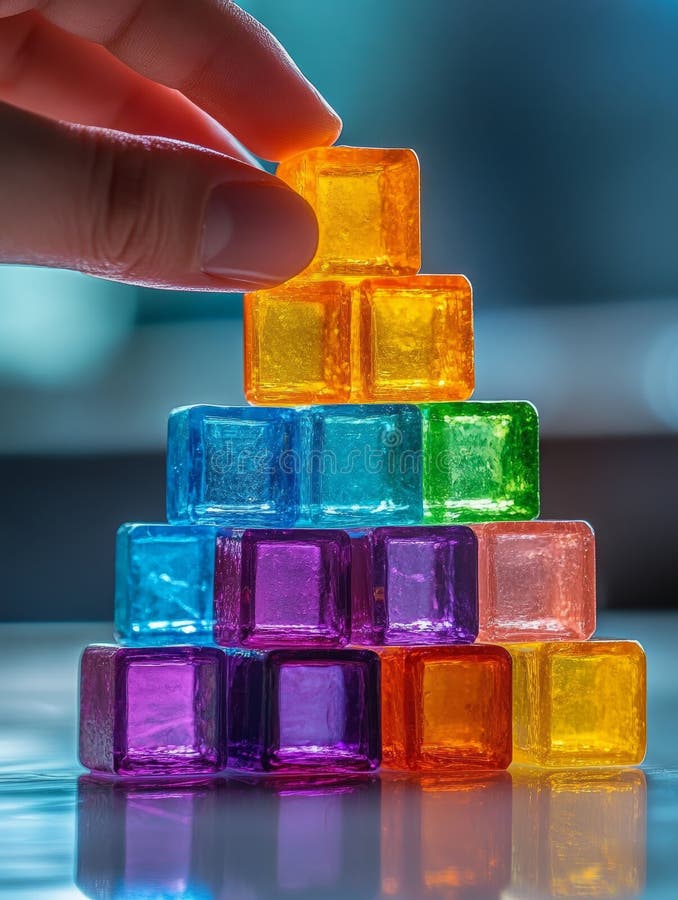 Hand Stacking Colorful Transparent Cubes in a Pyramid Stock Photo ...