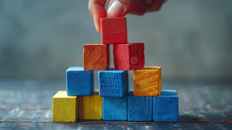 Hand Stacking Colorful Wooden Blocks in a Pyramid Shape. Stock Photo ...