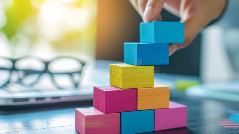A Hand is Stacking Colorful Wooden Blocks on a Table, Creating a Stable ...