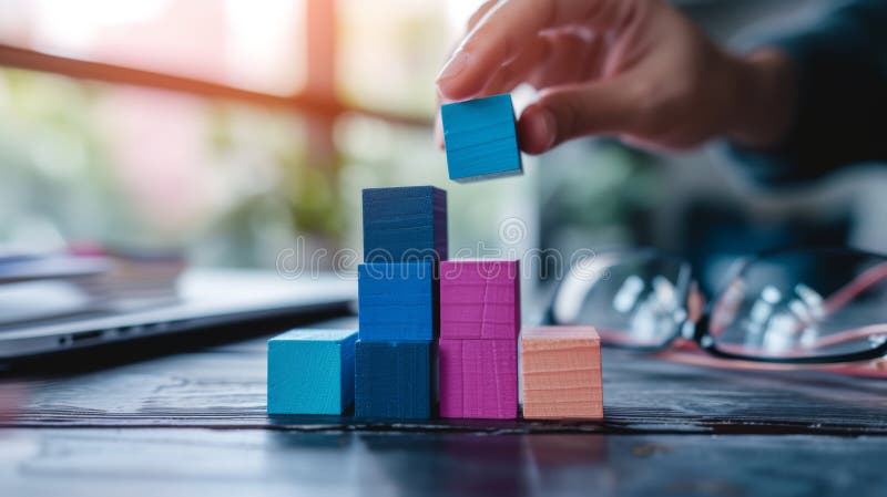 A Hand is Stacking Colorful Wooden Blocks on a Table, Creating a Stable ...
