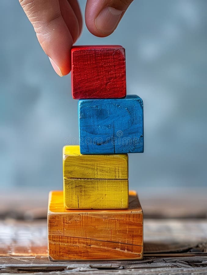 Hand Stacking Colorful Wooden Blocks on a Table. Stock Image - Image of ...