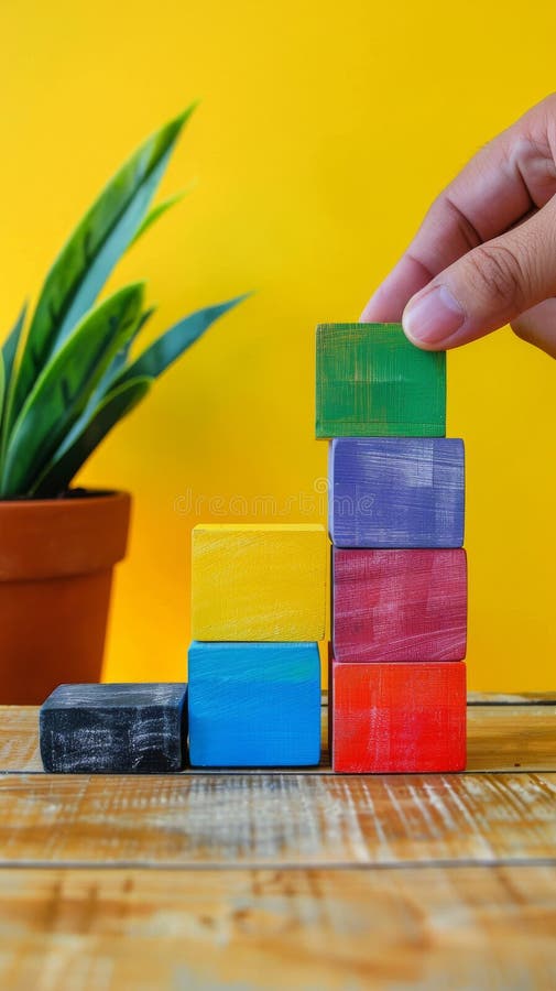 Hand Stacking Colorful Wooden Blocks on Wooden Table with Potted Plant ...