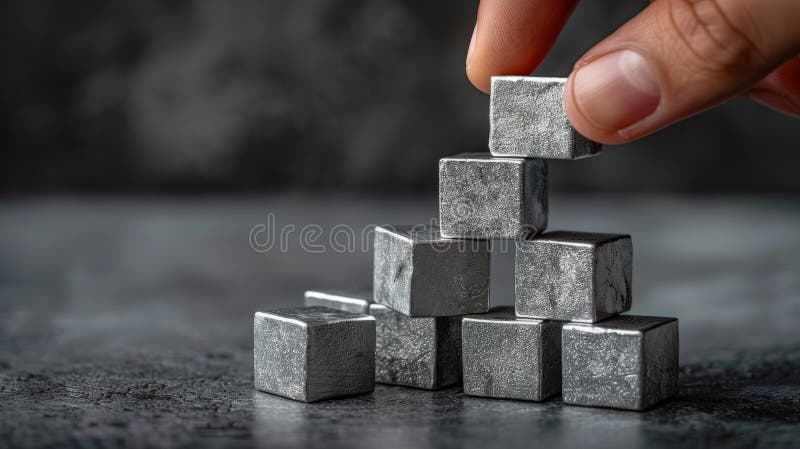 Hand Stacking Metal Blocks into a Pyramid Structure. Stock Photo ...