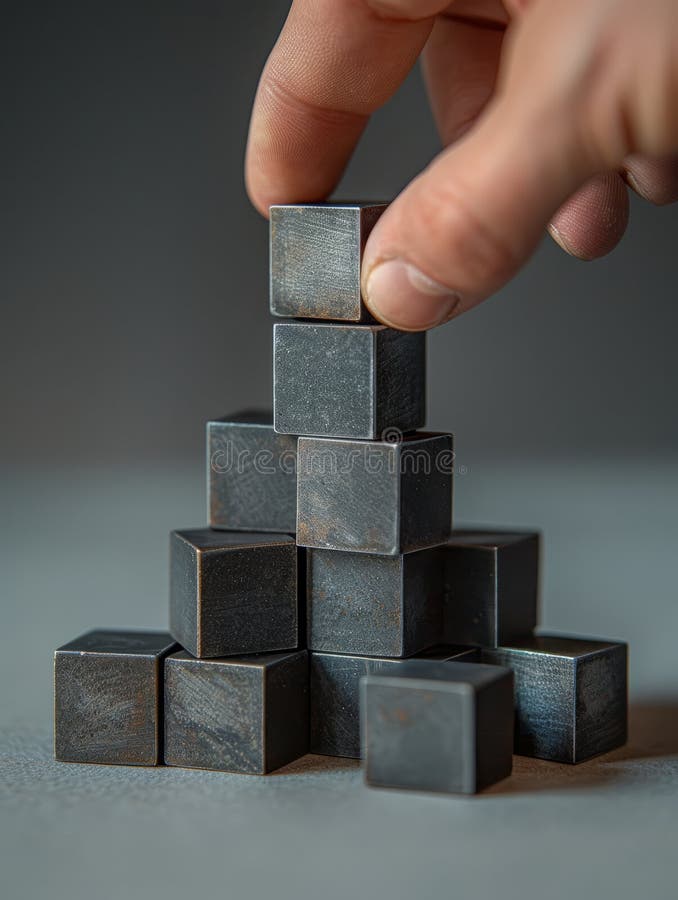 A Hand Stacking Metal Cubes in a Tower Formation. Stock Image - Image ...
