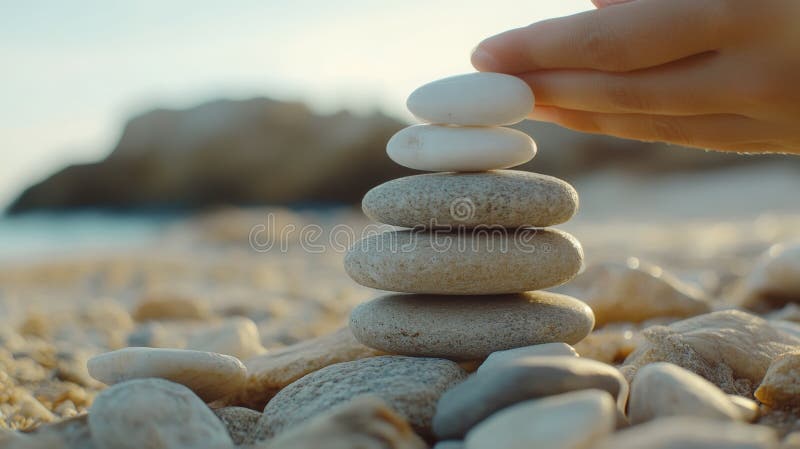 Hand Stacking Stones on Beach for Balance and Peace Stock Illustration ...