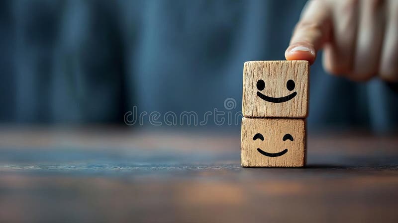 Hand Stacking Wooden Blocks with Smiley Faces, Representing Positivity ...