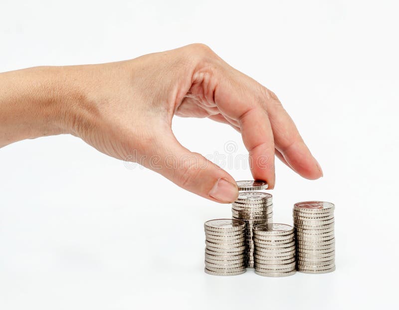 Stacks of Coins Isolated on Blue Background. Stock Image - Image of ...