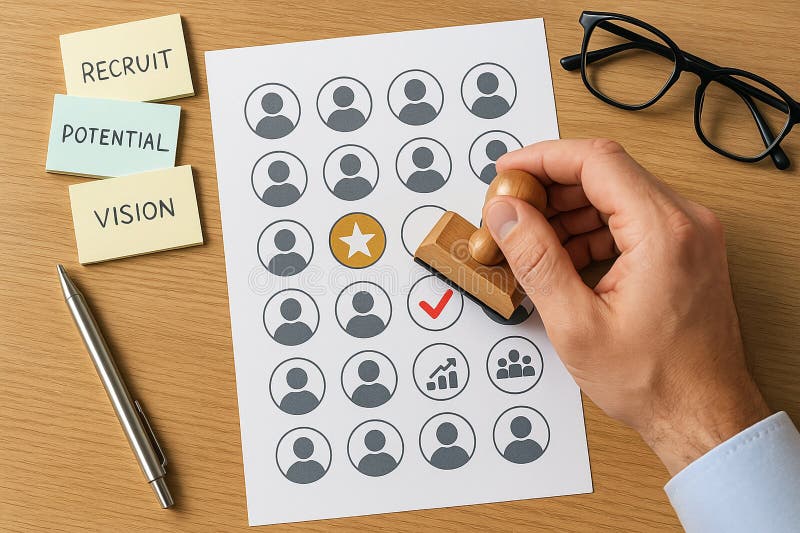 Hand Stamping Checkmark on Candidate Profile Sheet Surrounded by ...