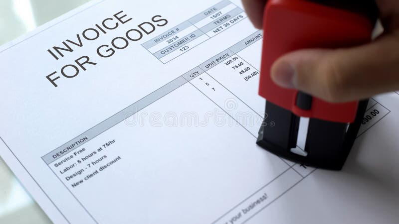 Hand Stamping Rectangular Seal on Invoice for Goods Commercial Document ...