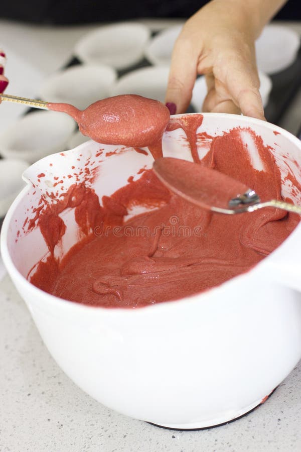 Hand Stir a Pink Dough in a White Bowl with a Spoon Stock Image - Image ...