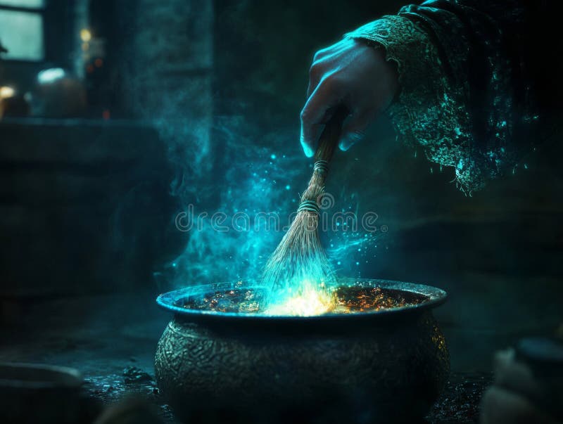 A Hand Stirring a Cauldron of Blue Smoke and Magic Stock Illustration ...