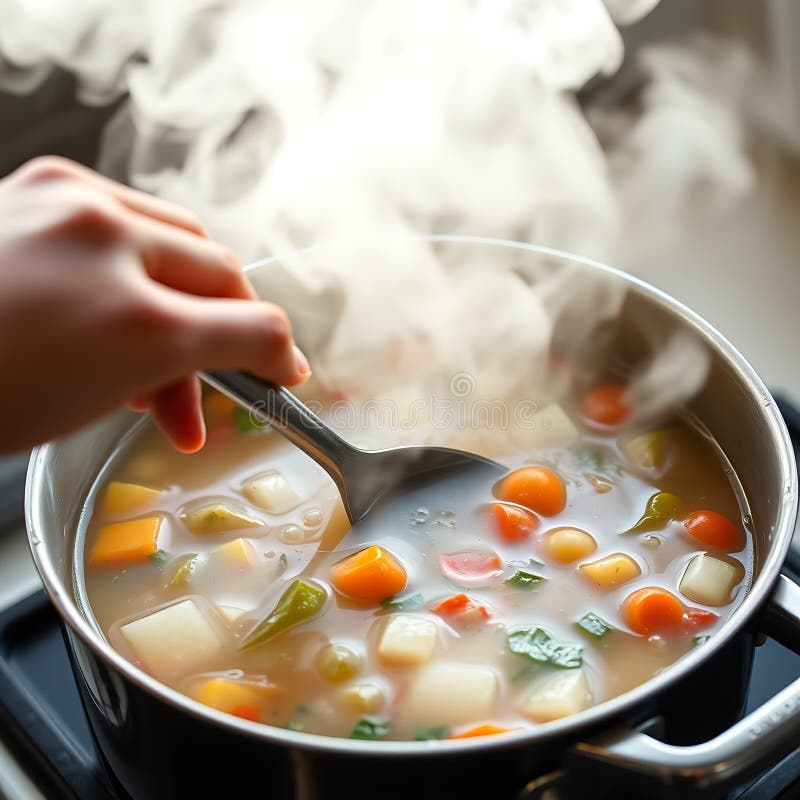Hand Stirring a Pot of Soup Steam Rising and Vegetables Floating Inside ...