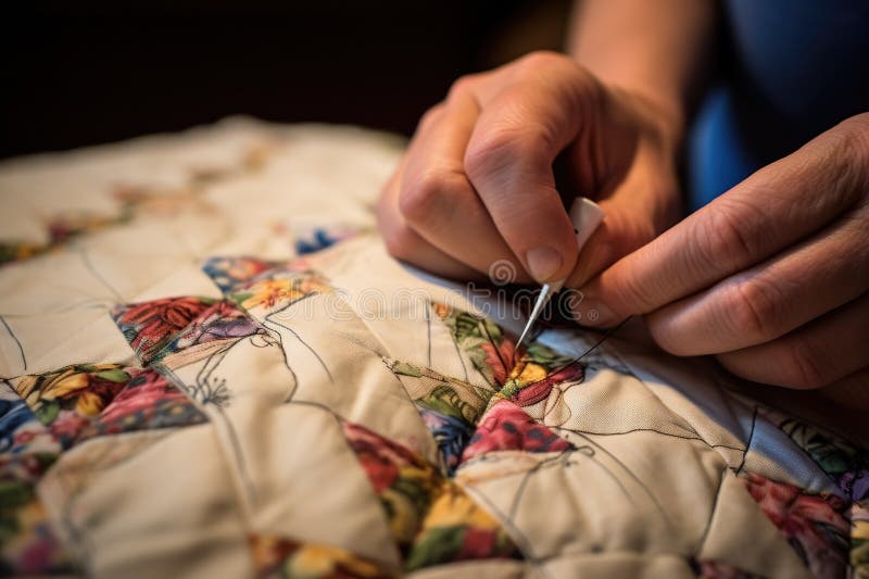 Hand-stitching a Quilt with Needle and Thread Stock Image - Image of ...