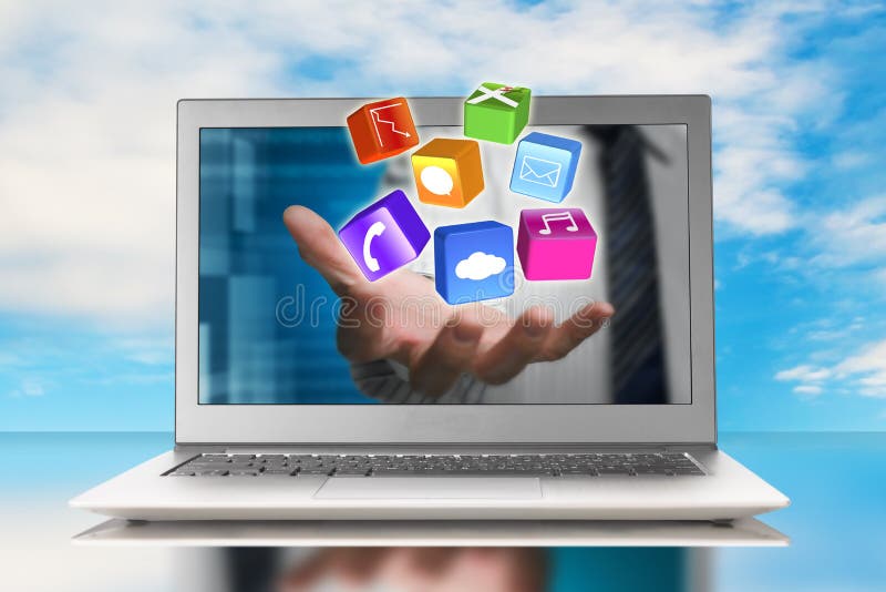 Hand Stretch Out Laptop Screen With App Blocks Stock Image - Image of ...
