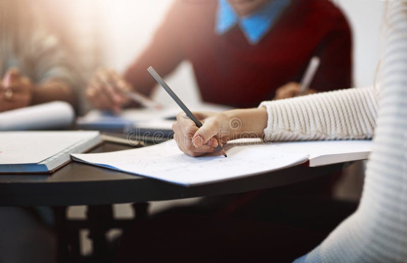 Hand, Student and Writing Notes in University, Learning and Drawing ...