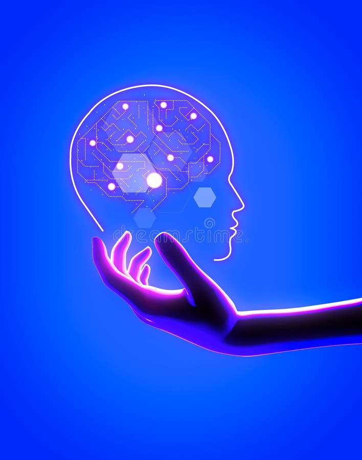 Hand with Stylized Head in Profile and Brain. Creation of Artificial ...