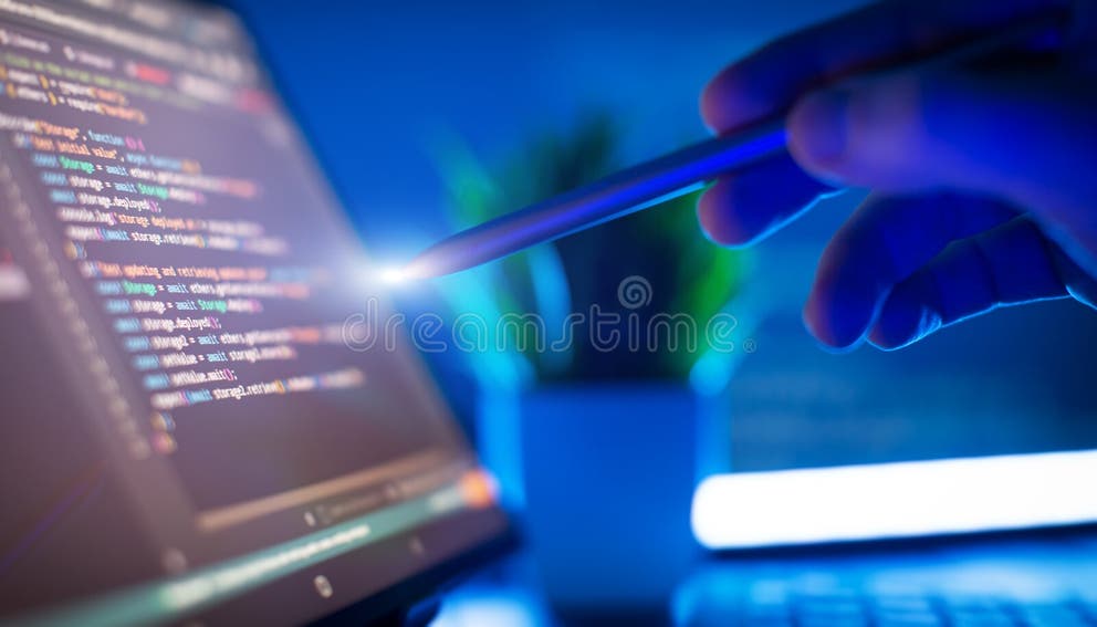 Hand with Stylus Interacting with Code on a Laptop Screen Representing Software Development ...