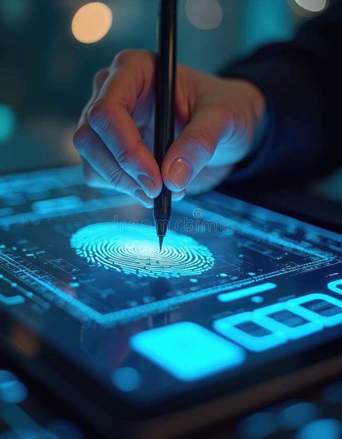 Hand with Stylus Signs on Glowing Futuristic Touchscreen Interface ...