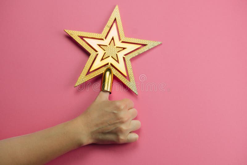 Hand Super Gesture Decorated with Golden Star Stock Photo - Image of ...