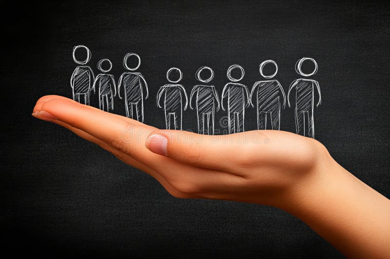 Hand Supporting a Group of Drawn Figures in Business Attire on a ...